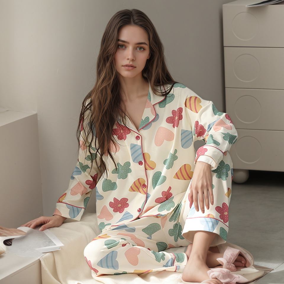 Luxury Floral Print Women's Long Sleeve Cotton Pajama Set - Oem