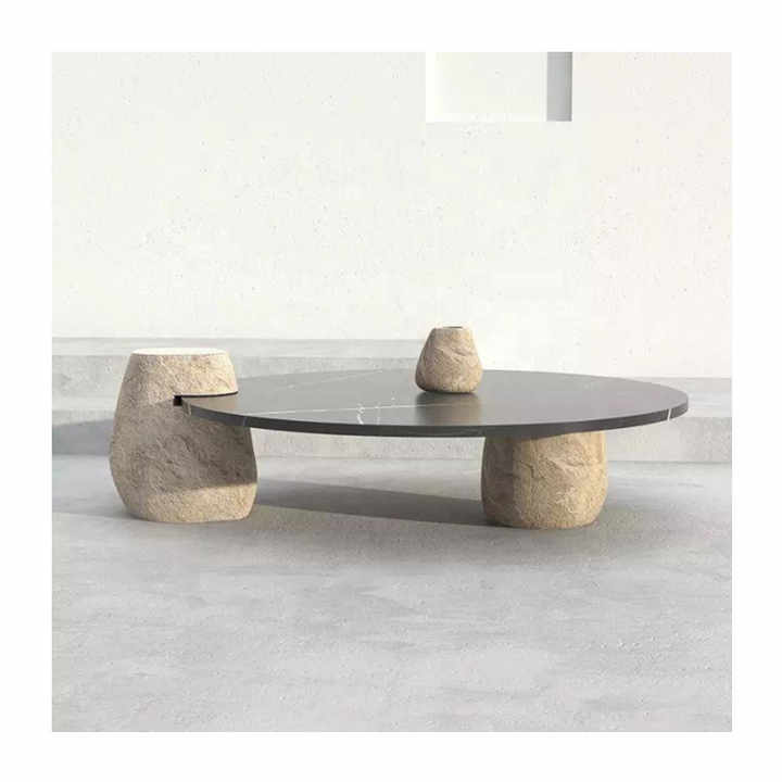 SHIHUI Modern Outdoor Big Round River Stone Garden Coffee Table Black ...