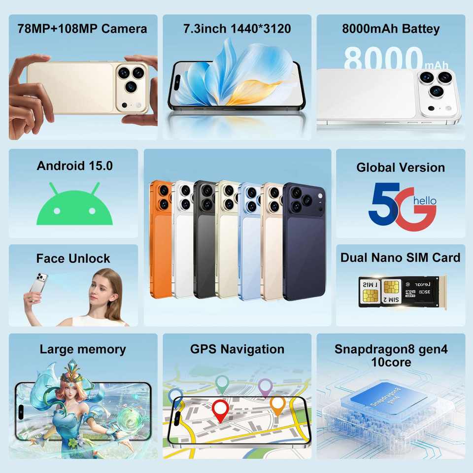 I 17 Pro 5g Octa Core 16gb 1tb 8000mah Fast 7.3\"display 108mp Rear ...