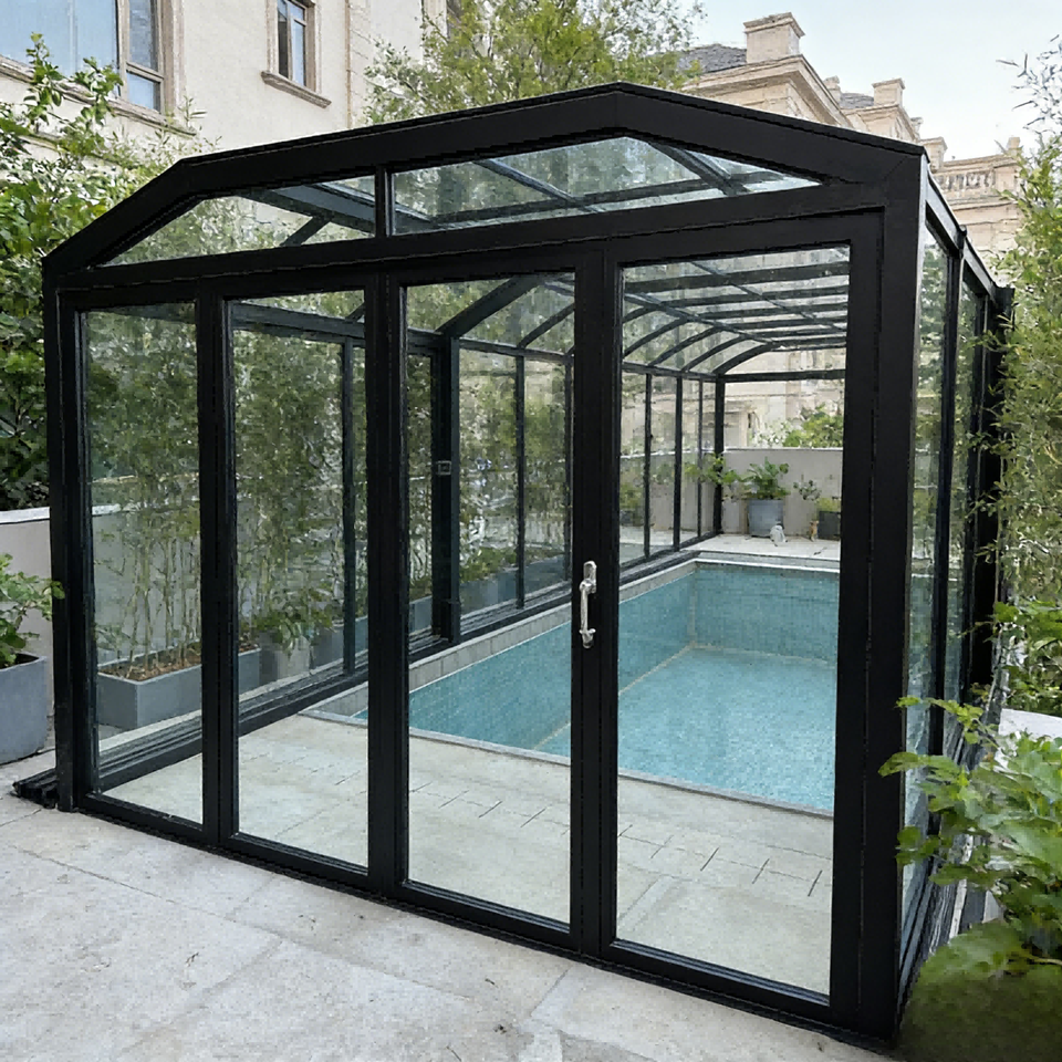Modern Slant Automatic Retractable Sunroom Cover Sliding Glass Room ...