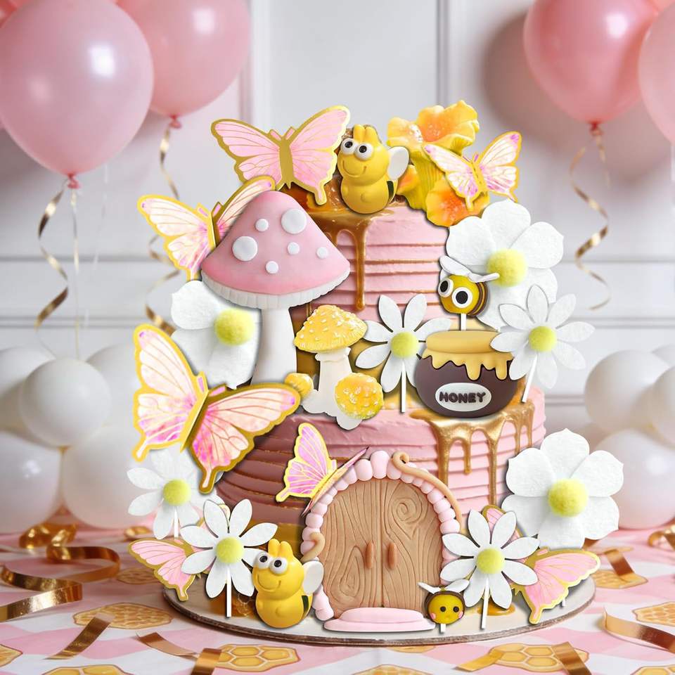 Dark Fairy Tale Cake Decor Set Pink Mushroom Butterfly and Bee Picks ...