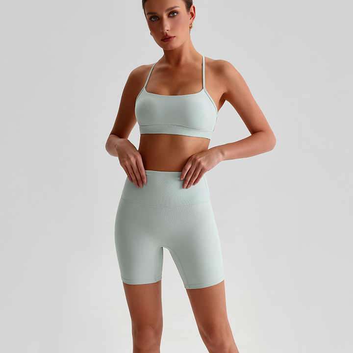 Women's High Waist Strappy Sports Bra Booty Shorts Yoga Leggings Set Breathable Seamless Workout ...