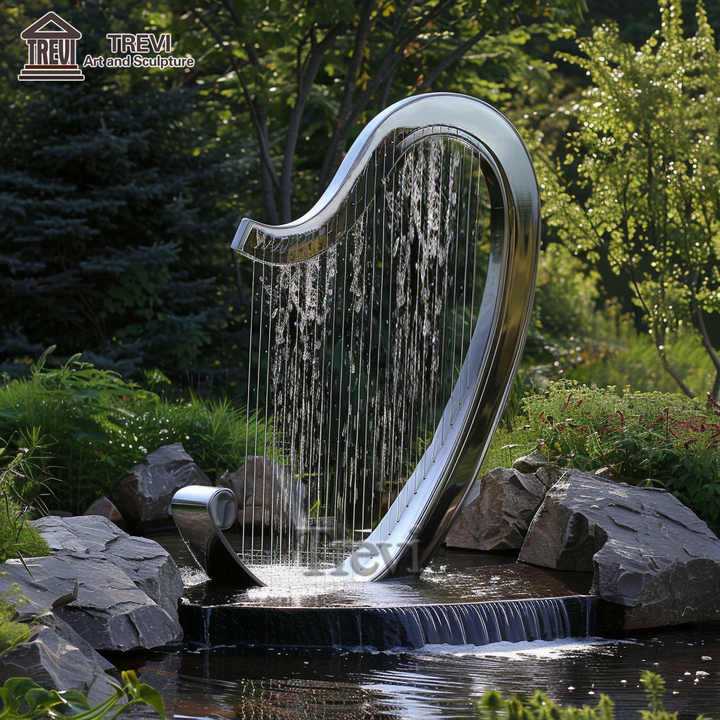 Stainless Steel Harp Fountain Statue - Welded Metal Water Feature