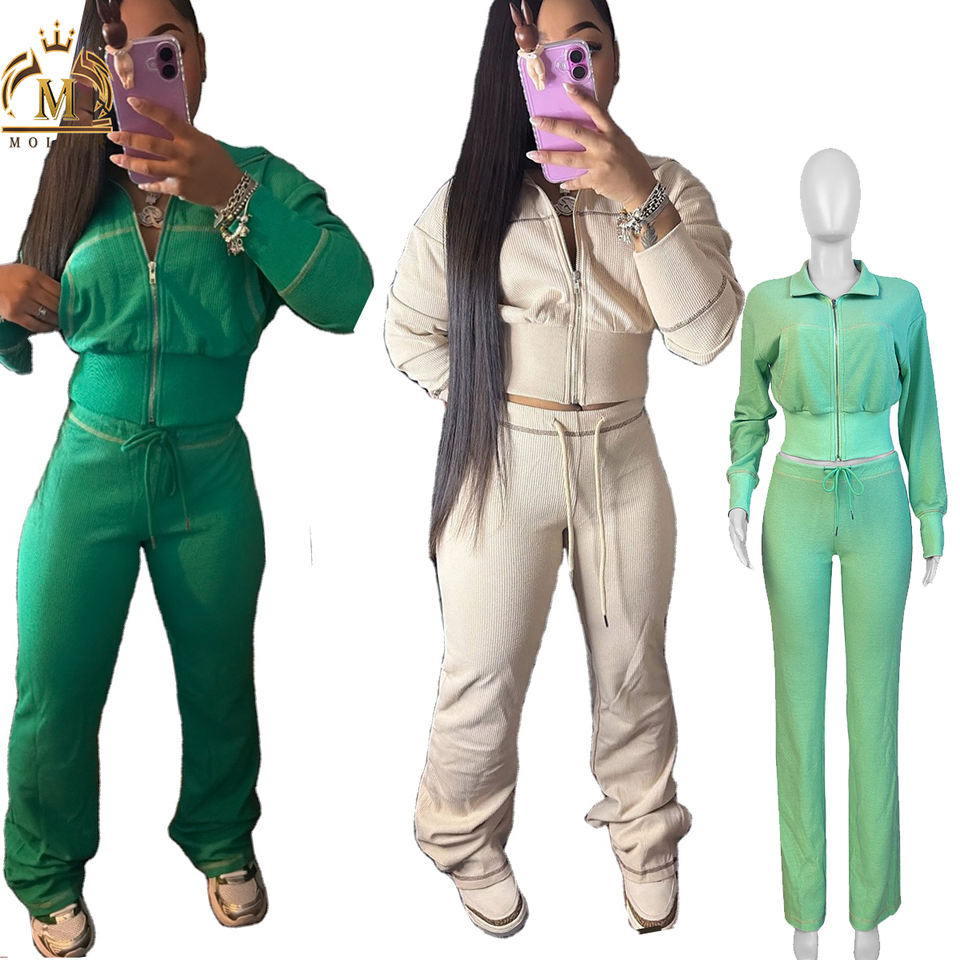 Fall Women Waffle Outfits Pceket Crop Hooded Jacket+Flared Pants 2 ...