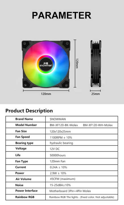 SNOWMAN 120mm RGB LED Computer Cooling Fan 4 Pin DC with High Airflow ...