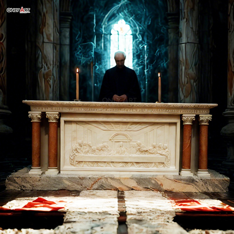 Hand Carved Altar Table - Solid Wood & Marble Craft