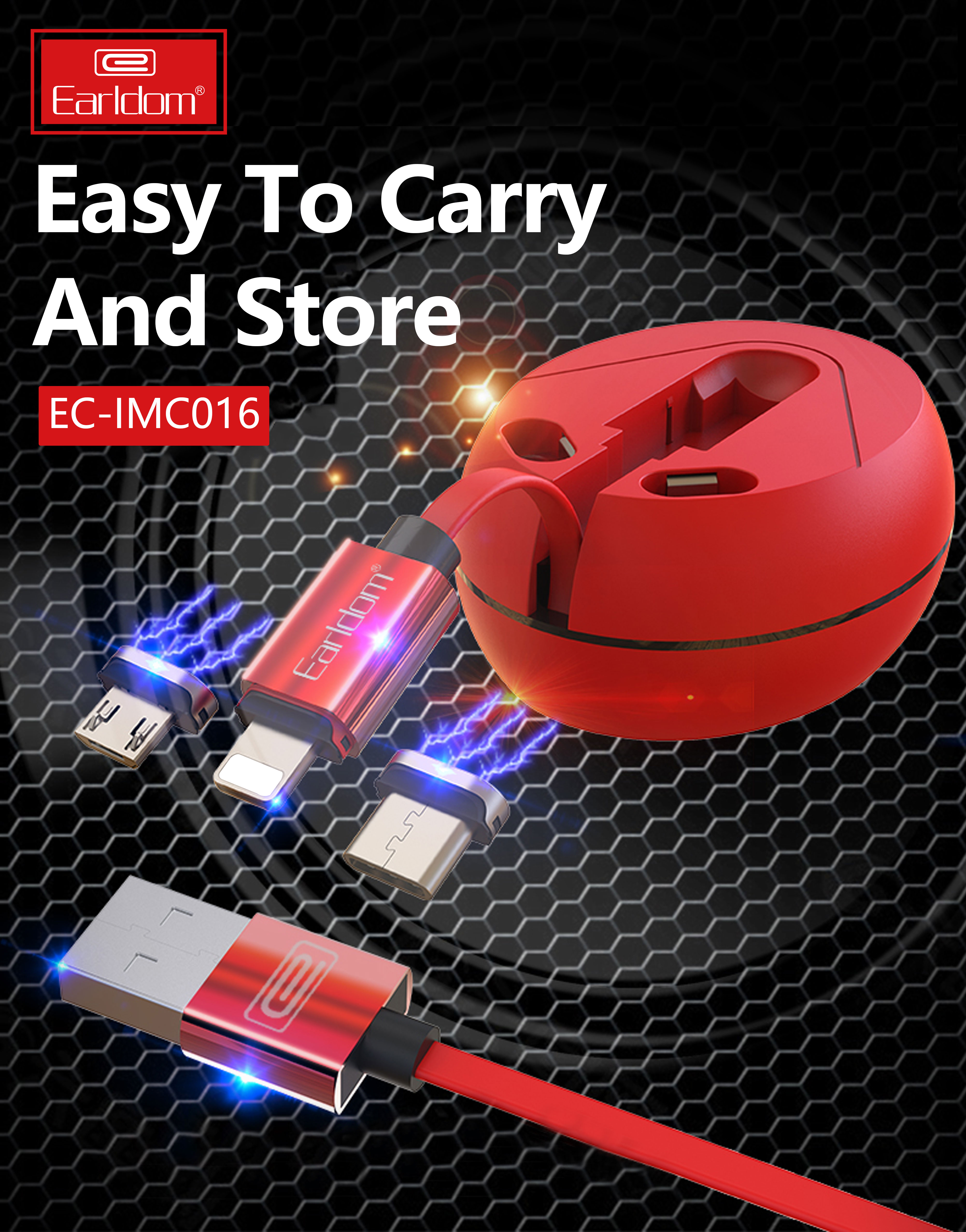 Earldom 3 in 1 Magnetic Restrable USB Cable 3A Micro-USB / Lightning / Type-C - EC-iMC016 ...