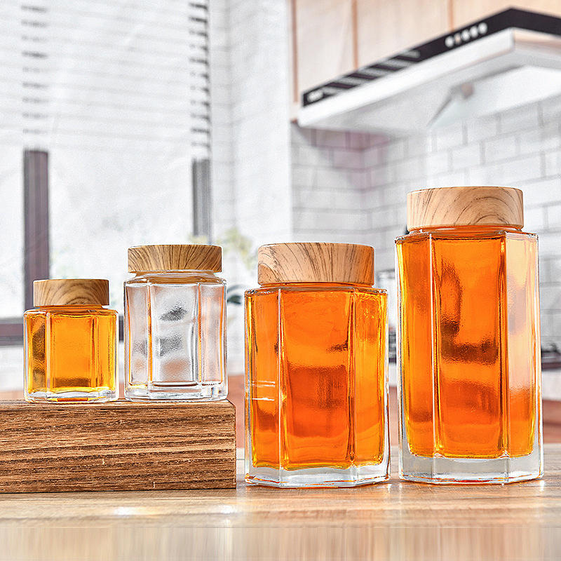 Luxury 250g 500g Hexagon Glass Honey Jars with Lids 180ml 280ml 360ml ...