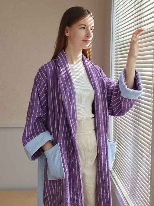 Luxury Women's Cotton Terry Bath Robe Designer Striped Home Dressing ...