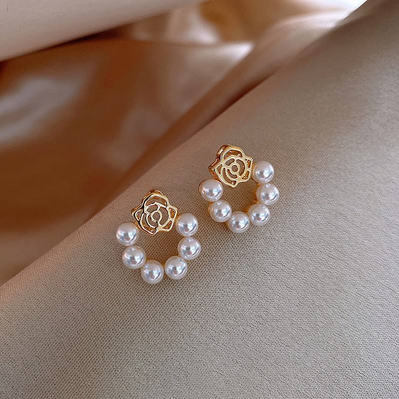 Hot Selling Women's Hollow Rose Pearl Alloy Stud Earrings Trendy ...
