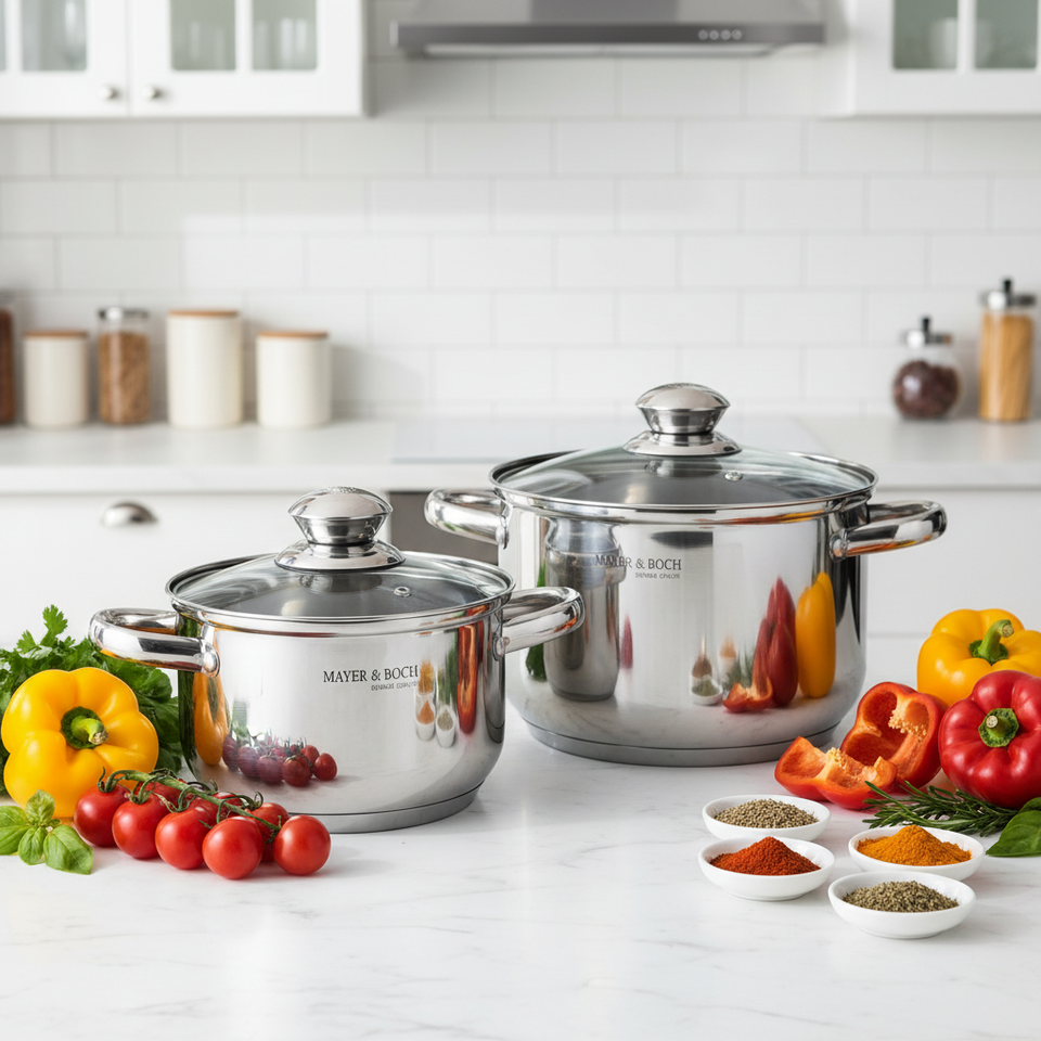 12-Piece Eco-Friendly Stainless Steel Cookware Set with Pots and Glass ...