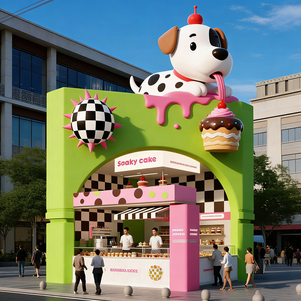 Vibrant Green & Pink Giant Arch Cake Shop: Open Counter, Tiered Display ...