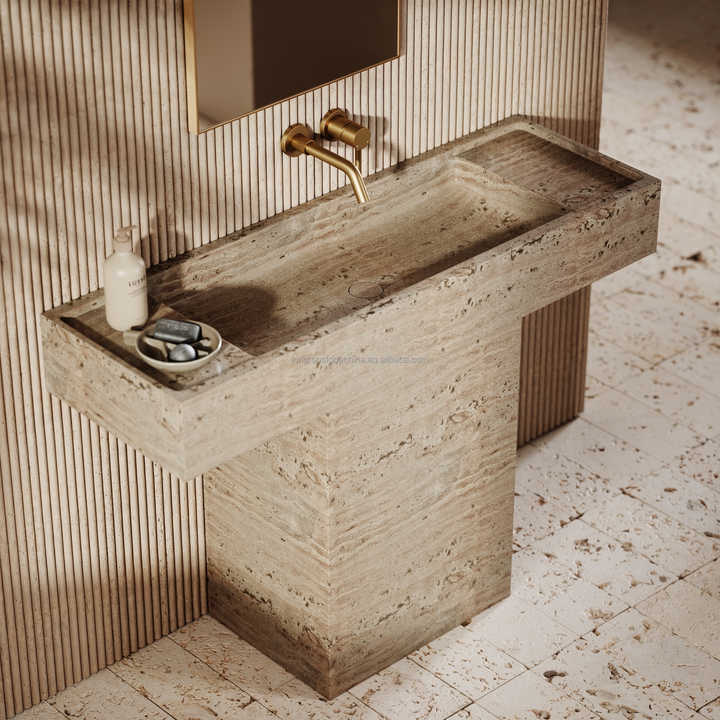 Modern Beige Travertine Sinks Bathroom Freestanding Marble Wash Basin ...