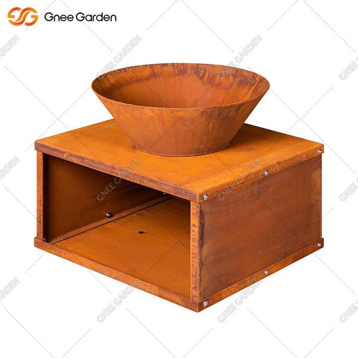 Handmade Corten Steel Fire Pit with Log Storage, Rustic Red Square ...