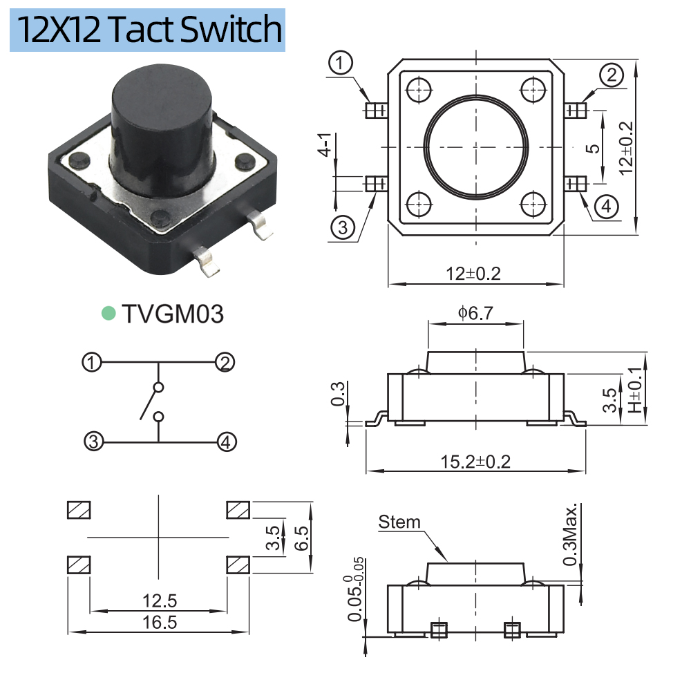 12x12 Micro Tact Switch - Momentary 1NO Tactile Switch