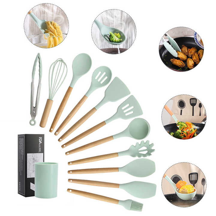 12pcs Kitchen Utensil Set - Durable Silicone with Wood Handles