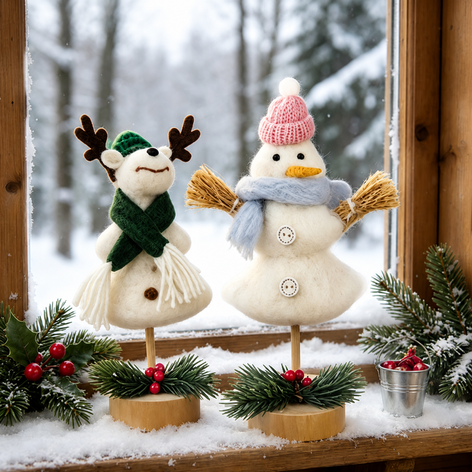 Handmade Needle Felted Christmas Ornaments Snowman Reindeer Wool Felt ...