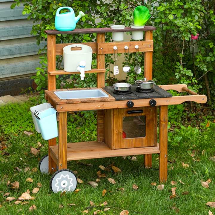 Wooden Mud Kitchen - Kids Outdoor Play Set with Faucet