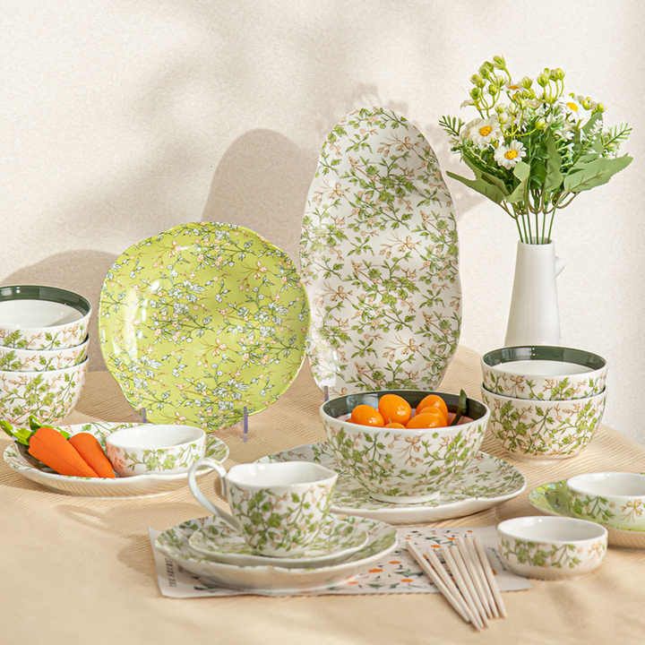 Light Green Ceramic Dinnerware Set with Small Floral Design and ...