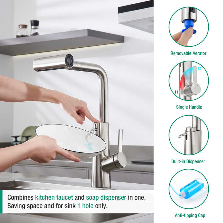 4 Water Function Modes Pull Out Kitchen Faucet 2 in 1 Kitchen Faucet ...