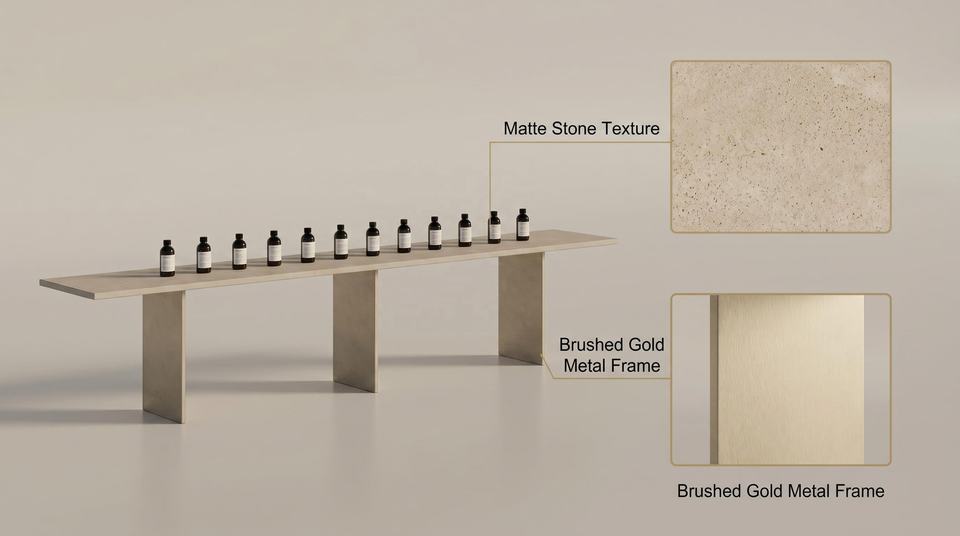 Cream Marble Grid Background Wall Perfume Display Counter Gold Metal ...