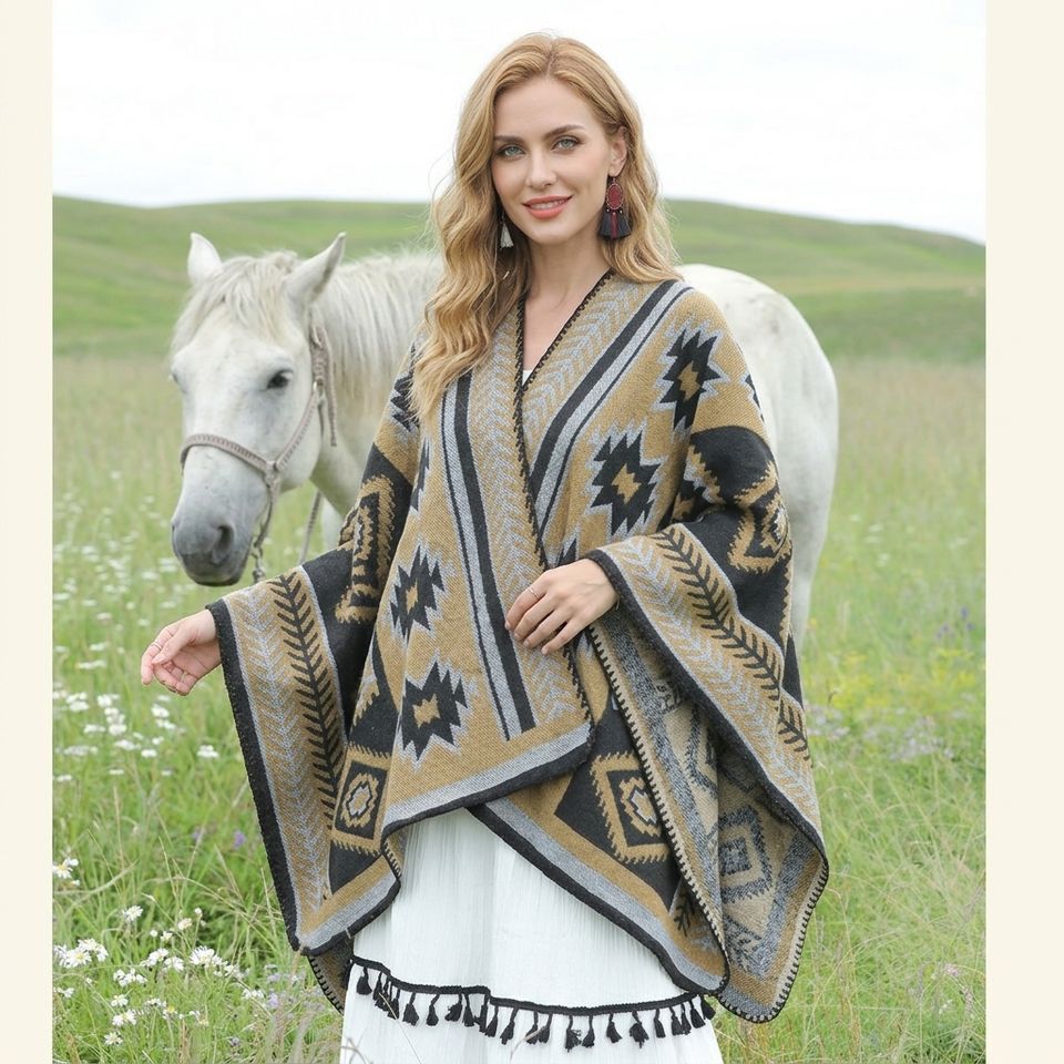 Cozy Fleece Lined Gypsy Style Women's Long Shawl with Geometric/Plaid ...