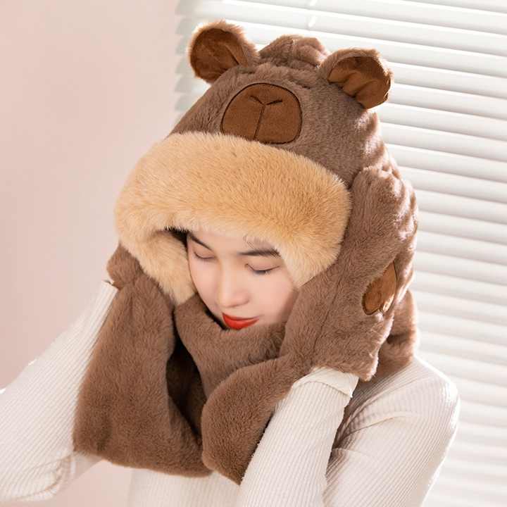 135CM Fluffy Capybara Winter Hat with Gloves Heart Thick Warm Plush ...