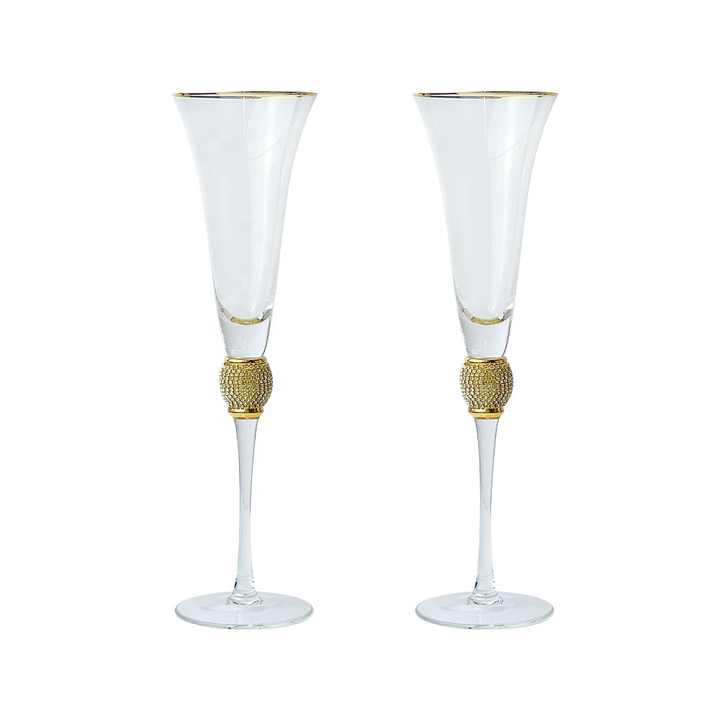 European Gold Rimmed Diamond Wrapped Long Stem Wine Glass