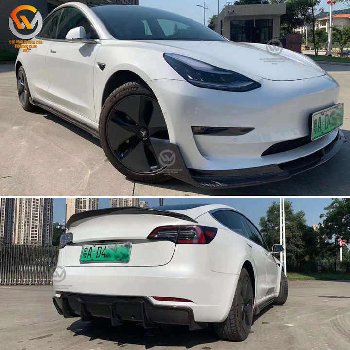 For Tesla Model 3 V Style Carbon Fiber Body Kit Front Rear Bumper Rear ...