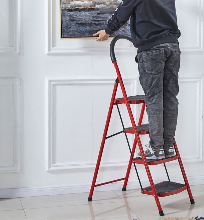 2-6 Step Carbon Steel Folding Ladder Modern Reinforced Red Ladder ...