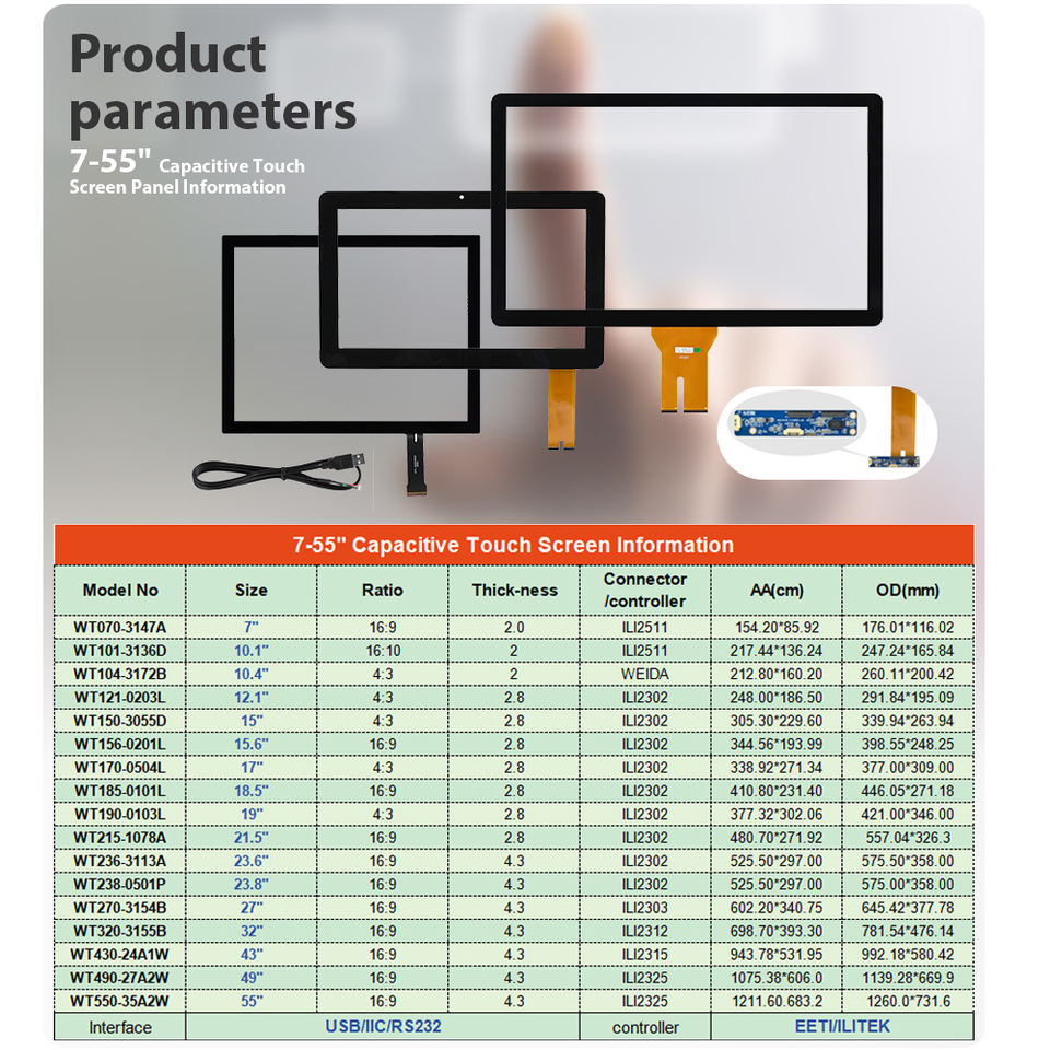 7 Inch Touchscreen RS232 I2C Projected Capacitive PCAP Touch Screen Panel