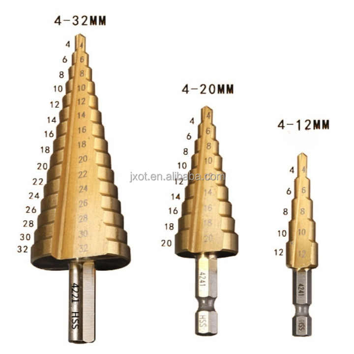 3PCS 3-12mm,4-12 Mm, 4-20mm Bearing Steel Straight Groove Step Drill Bit Set Titanium Coated ...