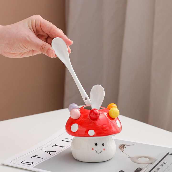 Modern Cute Mushroom House Ceramic Storage Jar with Stainless Steel ...