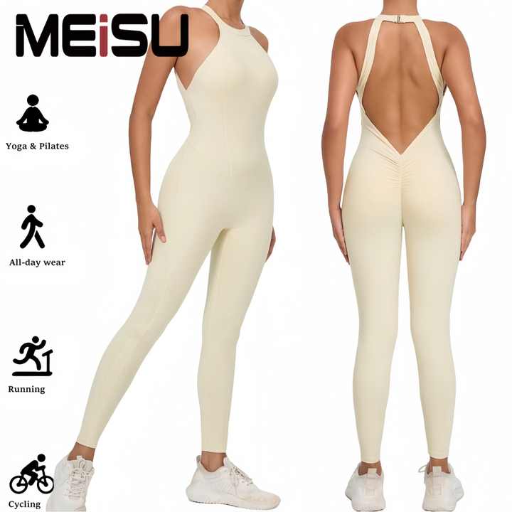 New Fashion Activewea Snap Closure Yoga Bodysuit Peach Hip Backless ...