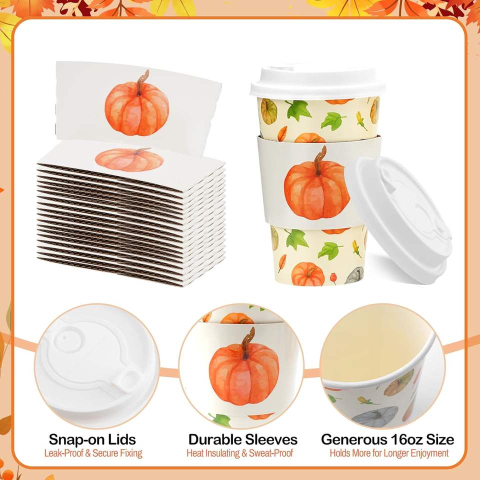 16 oz Biodegradable Fall Themed Disposable Paper Coffee Cups Snap-on ...