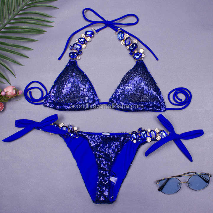 Custom Sequin Bead Rhinestone Embellished Triangle Bikini 2-Piece Set ...