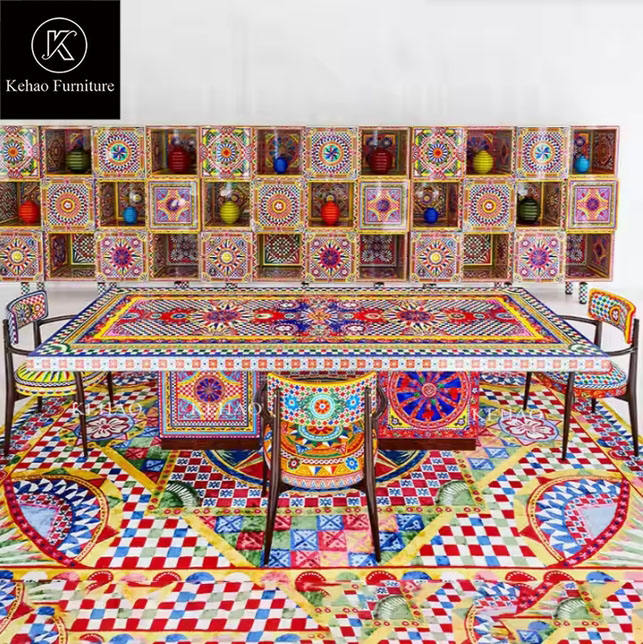 Red Colorful Arabic Large Round Dinner Table Set Wood Mediterranean ...