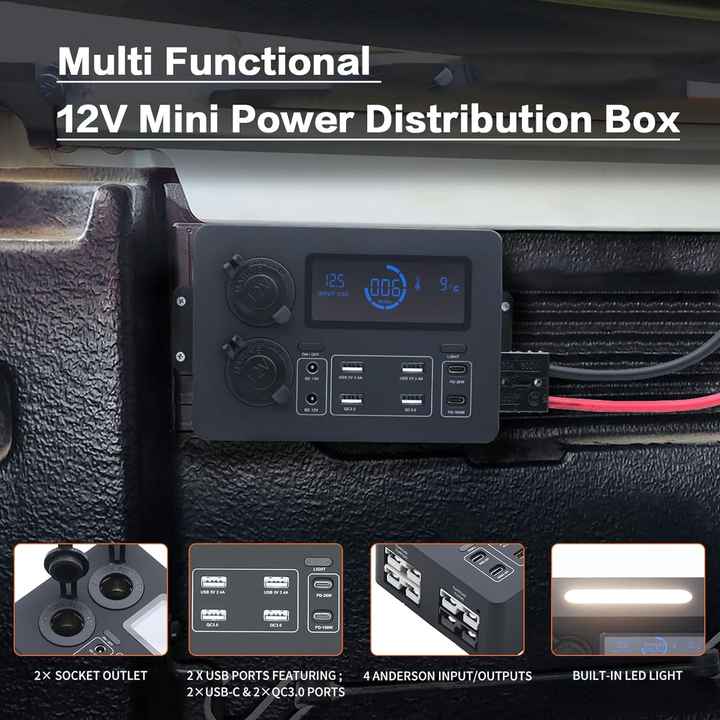 12V DC Power Outlet Box with USB, Type C, and Anderson Ports