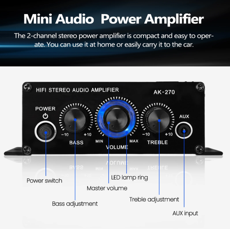 AK270 Mini 2-Channel Power Amplifier - Portable Audio Sound Amp for Car ...