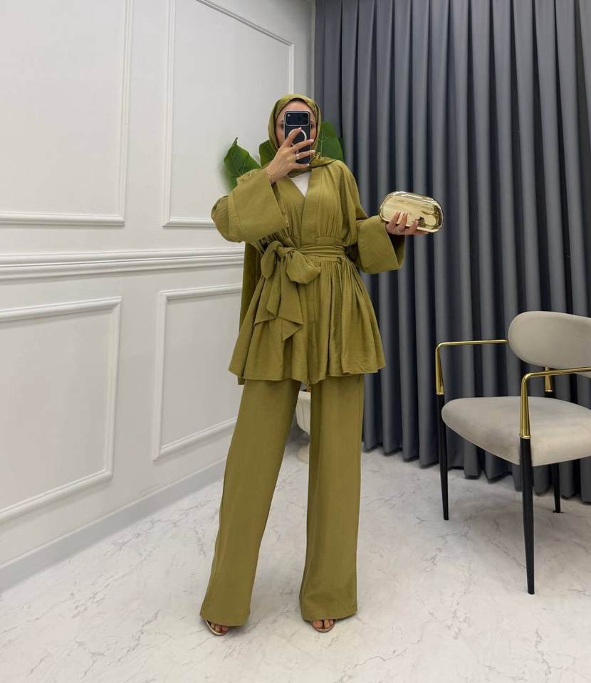 Loriya Custom Elegant Polyester Waist Tie Ruffle Hem Top Wide Leg Pants ...