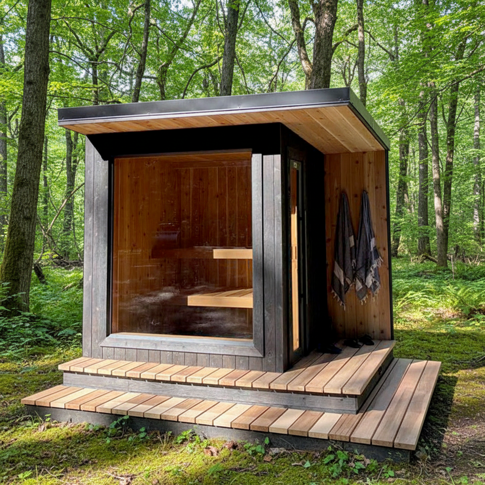 4 Person Outdoor Luna Cube Sauna Room Pine Solid Wood with Electrical ...