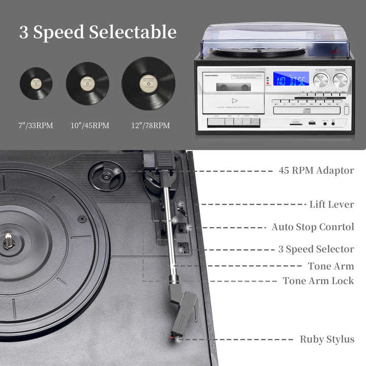 Nostalgia Vinyl Record Turntable AM FM Radio USD SD Player