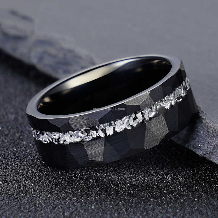 POYA Black Plated Meteorite Shaving Tungsten Ring for Men