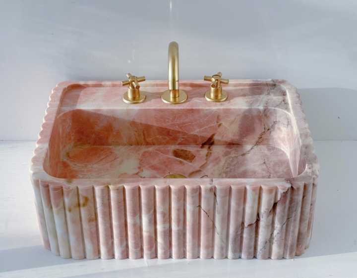 Modern Luxury Pink Marble Sink Ribbed Wash Basin Pedestal Sink Marble ...