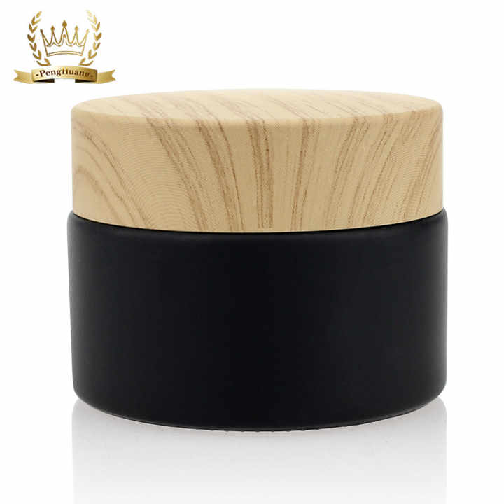 Small Cream Container Frosted Black Glass Cosmetic Jars with Bamboo ...