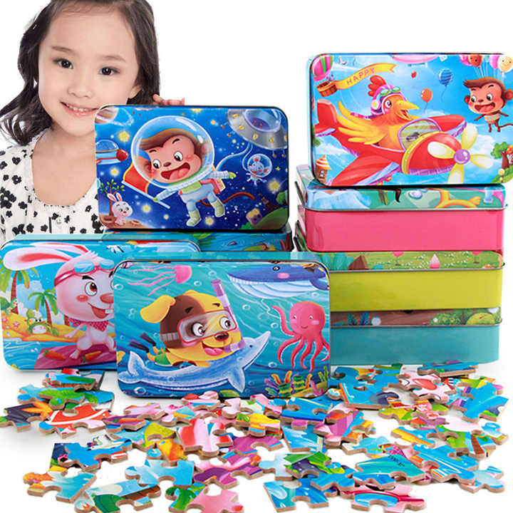 Mini 60 Pcs Wooden Cartoon Children Iron Box Jigsaw Puzzles Board Games ...