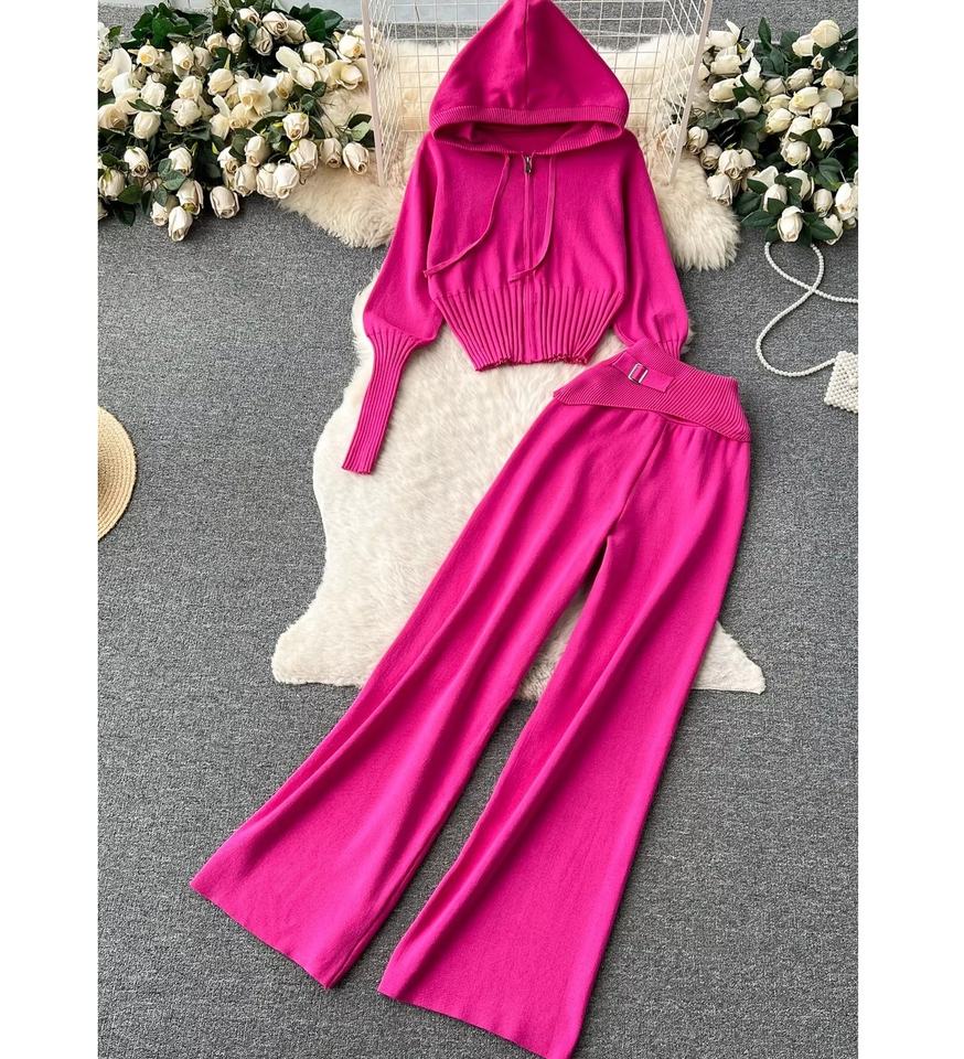 Autumn 2 Piece Set for Women Top and High Waist Solid Knitted Pants Set ...