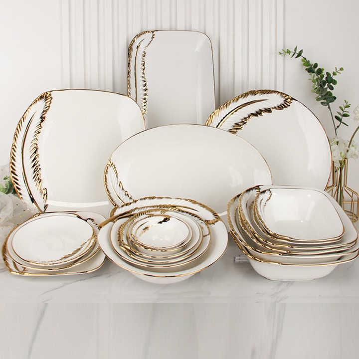 Embossed Feather Design Luxury Arabic Ceramic Porcelain Bowls