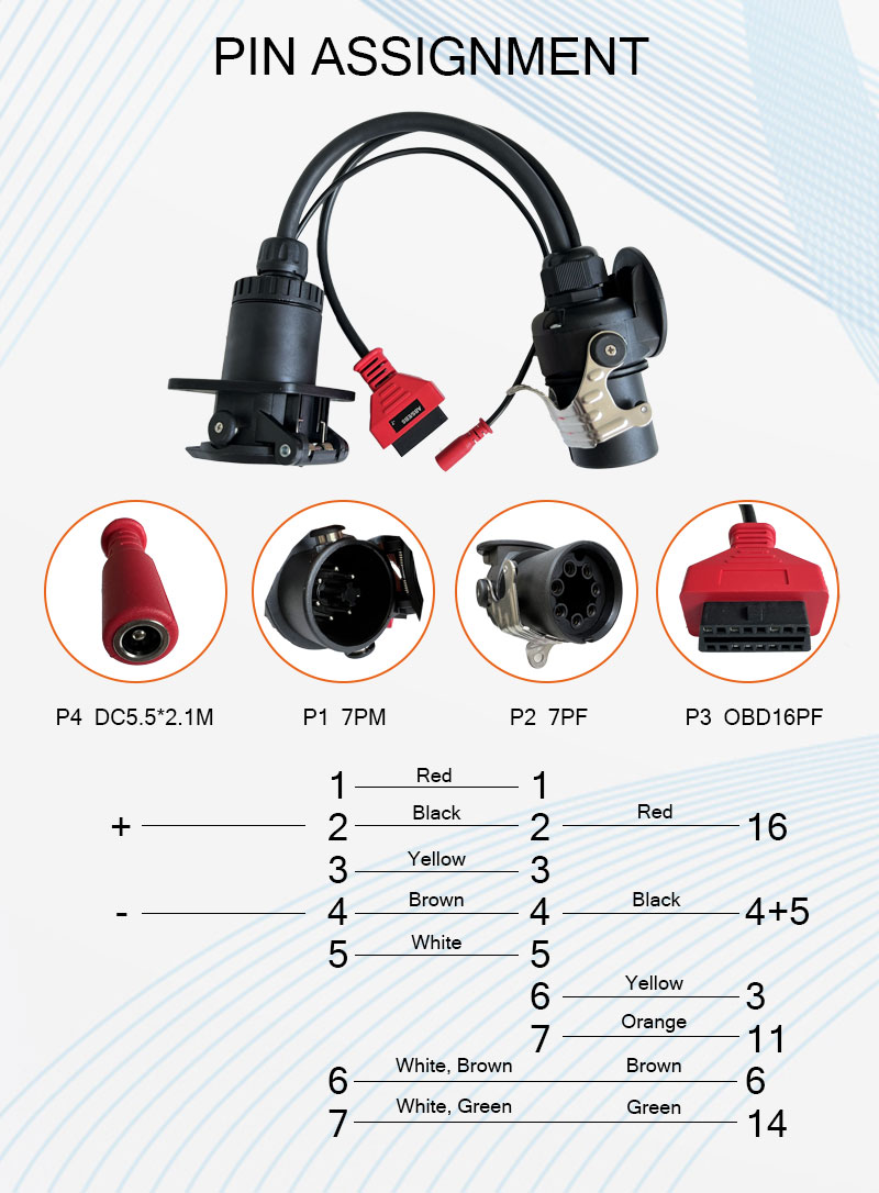 Adapter cable EBS ISO 7638 OBD2 for Delphi Trailer Diagnostic