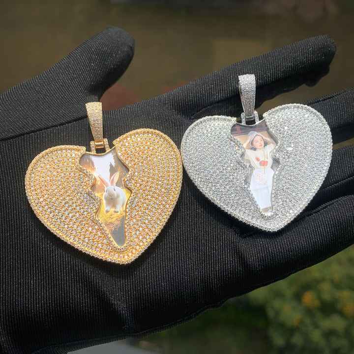 Iced Out CZ Custom Broken Heart Photo Necklace for Women Personalized ...